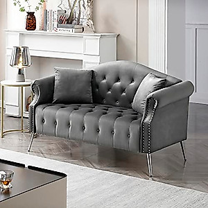 Velvet Chesterfield Sofa,Twin Size Upholstered Couch,Button Tufted Nailhead Trimming Curved Backrest Rolled Arms with Silver Metal Legs Living Room Set,2 Pillows Included (Grey, 59.4 * 29.1 * 35")