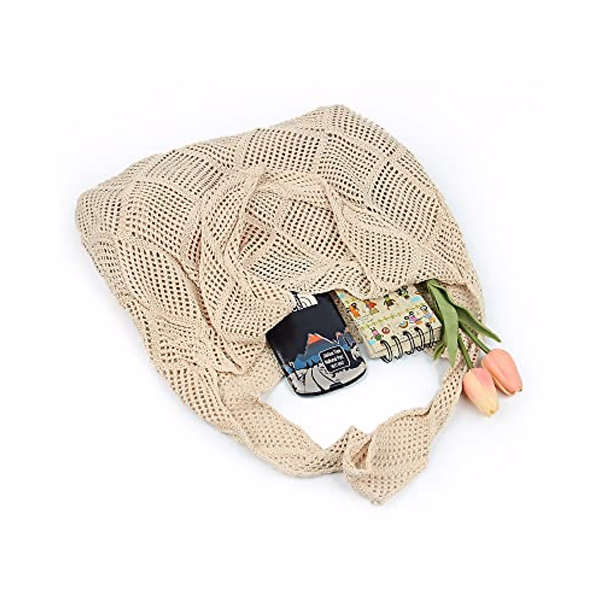 Stizimn Crochet Tote Bag for Women Shoulder Bag Handbags Knitting Hollow Hobo Bag Aesthetic Handmade Weaving Large Capacity (Diamond-shaped Hollow Beige)