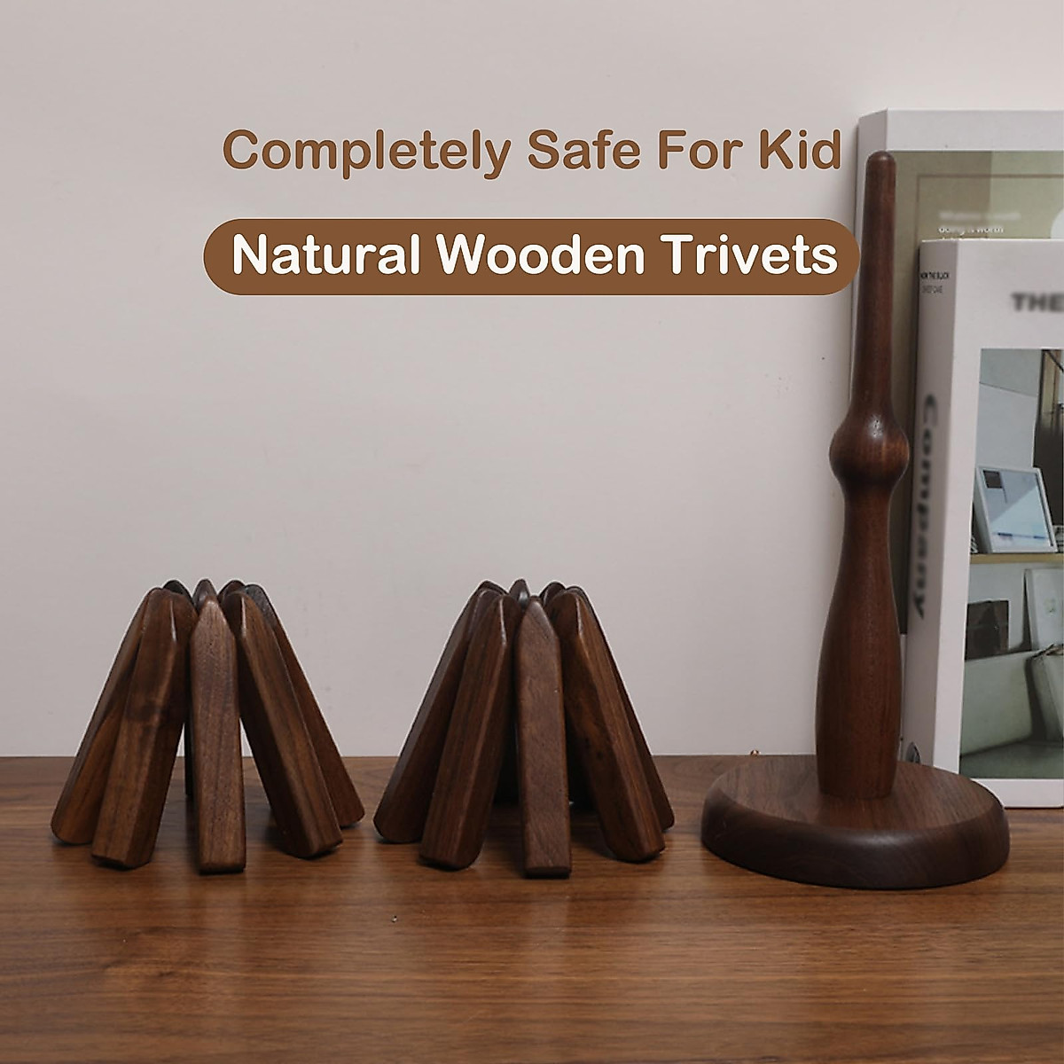 SHEKAKO Wooden Trivet Pads Set, 3 Heat Resistant Pot Holders, Non-Slip Foldable Wood Coaster, Christmas Tree Shaped Trivet Mats, Home Decor for Table Protection for Drinks, Plates, Pots, Pans (A)