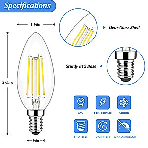 Brightever E12 Candelabra LED Light Bulbs 60 Watt Equivalent, 620 Lumen 6W Clear LED Filament Candle Bulbs, Daylight White 5000K Non-Dimmable Chandelier Light Bulbs for Ceiling Fan, Pack of 5