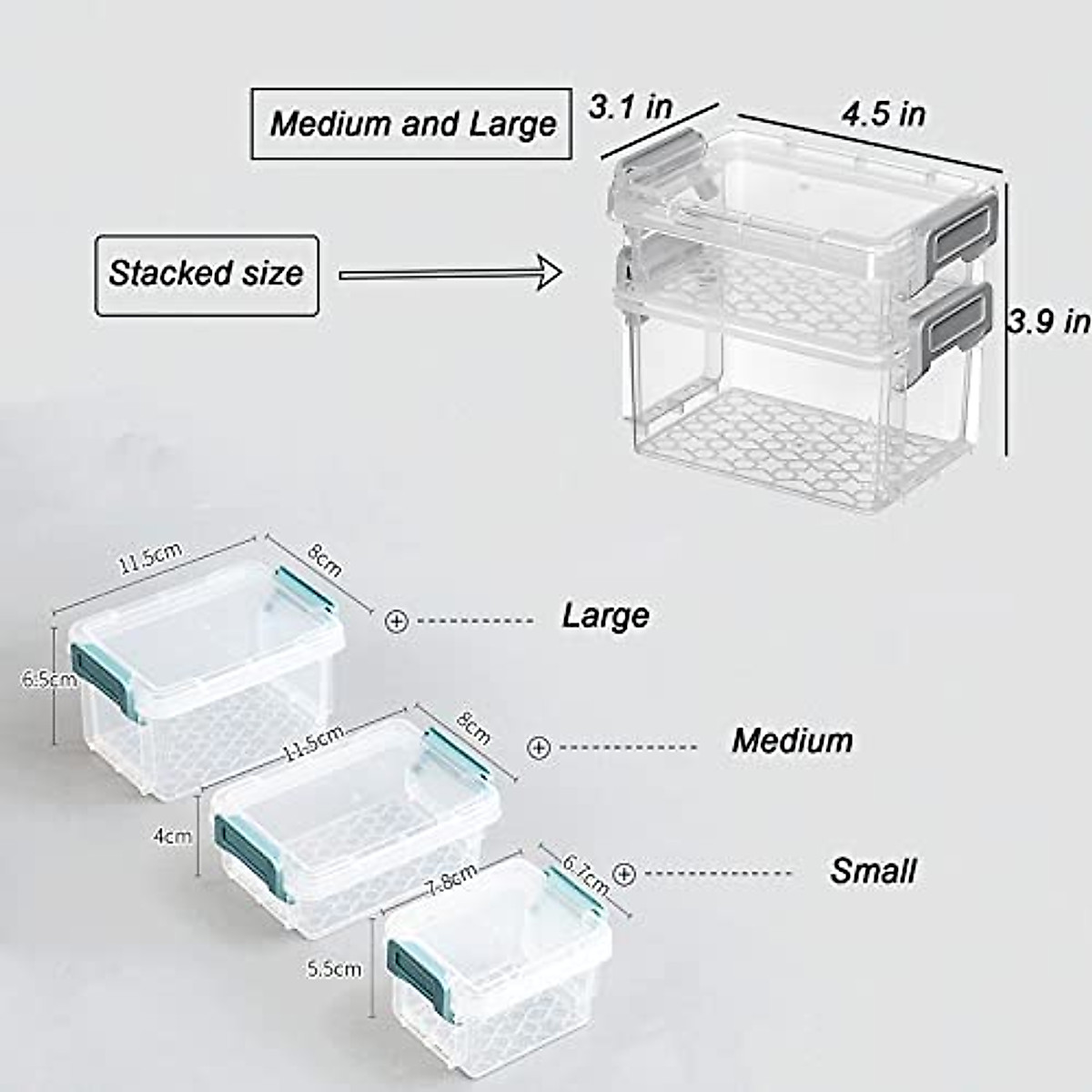 2 Pack Mini Plastic Storage Bin Organizing Container with Lids and Latching Buckles Stackable Nestable Clear Storage Containers Latching Box with Handle for Organizing, Medium and Large(Blue/Grey)