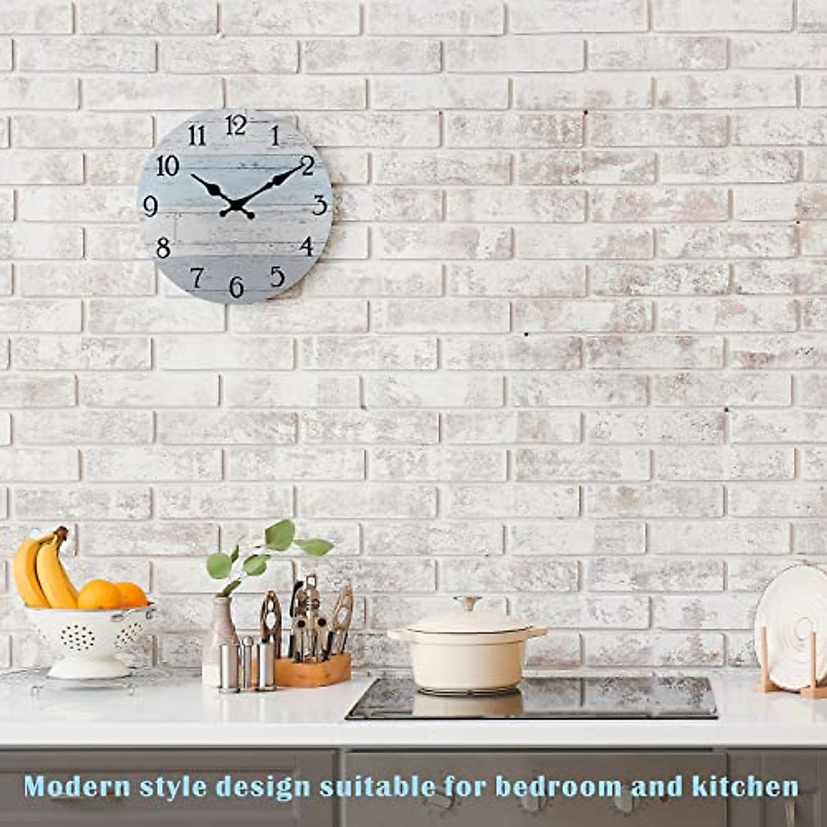 Plumeet Wall Clock, 12'' Frameless Wooden Wall Clocks with Silent Quartz Movement, Rustic Coastal Country Village Clocks Decorative for Kitchen Bedroom Living Room