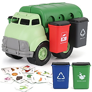 Liberty Imports Big Plastic Garbage Truck Toy, Waste Management Recycling Green Dump Vehicle with 4 Trash Cans and Recycle Sorting Cards for Little Kids, Toddlers