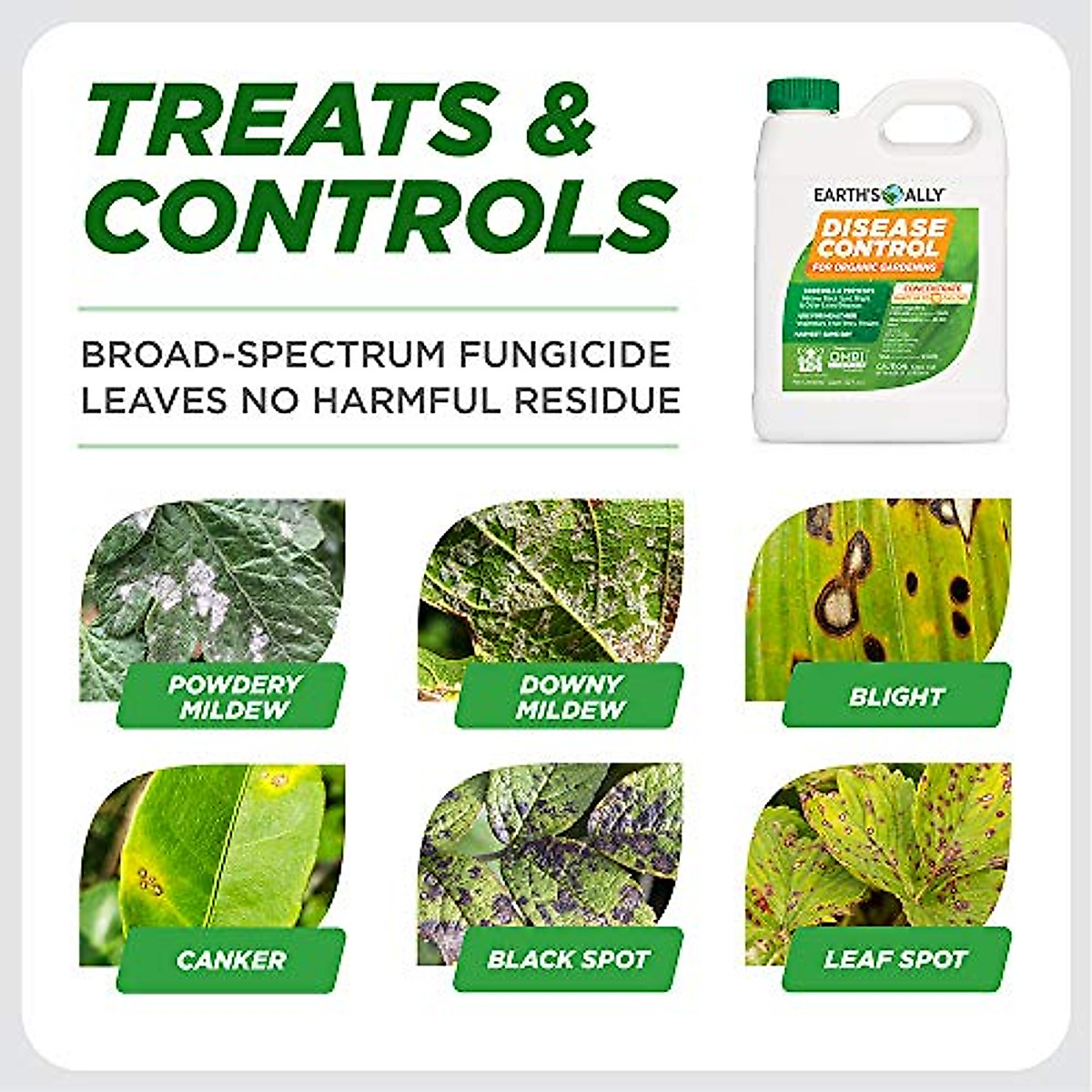 Earth's Ally Disease Control Concentrate for Plants | Fungicide Treatment for Powdery Mildew, Blight, Black Spot, Fungus - Use on Plant & Rose Diseases & More, 32oz Concentrate