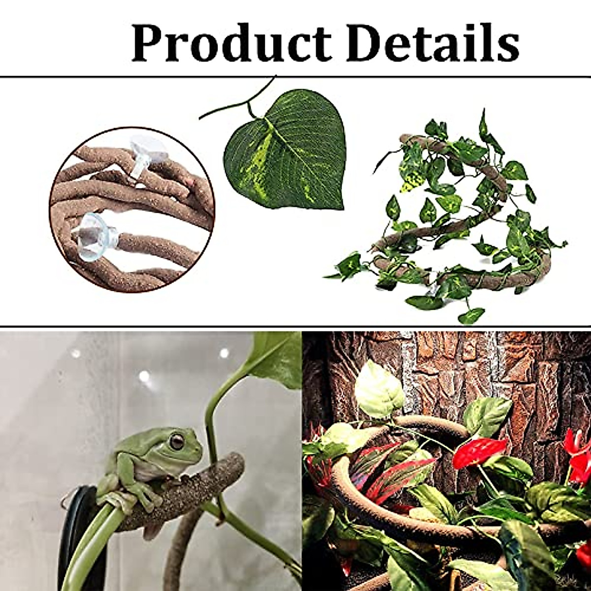 PINVNBY Reptile Plants, Reptile Vines and Flexible Reptile Leaves Large Driftwood Tank Habitat Decor for Bearded Dragons Snakes Geckos Frogs Chameleon(3 PCS)