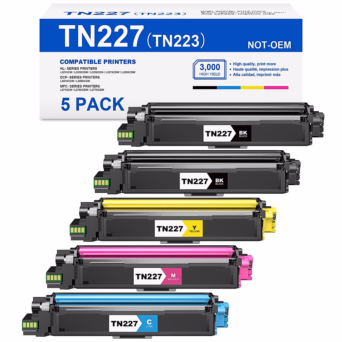 TN227 High Yield Toner Cartridges TN227 Compatible for Brother TN227 TN223 TN-227BK/C/M/Y High Yield Toner Cartridge for Brother HL-L3270CDW MFC-L3770CDW HL-L3290CDW Printer (tn-227 2BK/1C/1M/1Y)