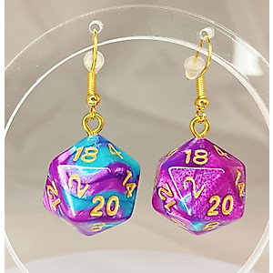 d20 20-Sided Polyhedral Dice Earrings - Hook with Earnuts (Light Blue-Purple Swirl)