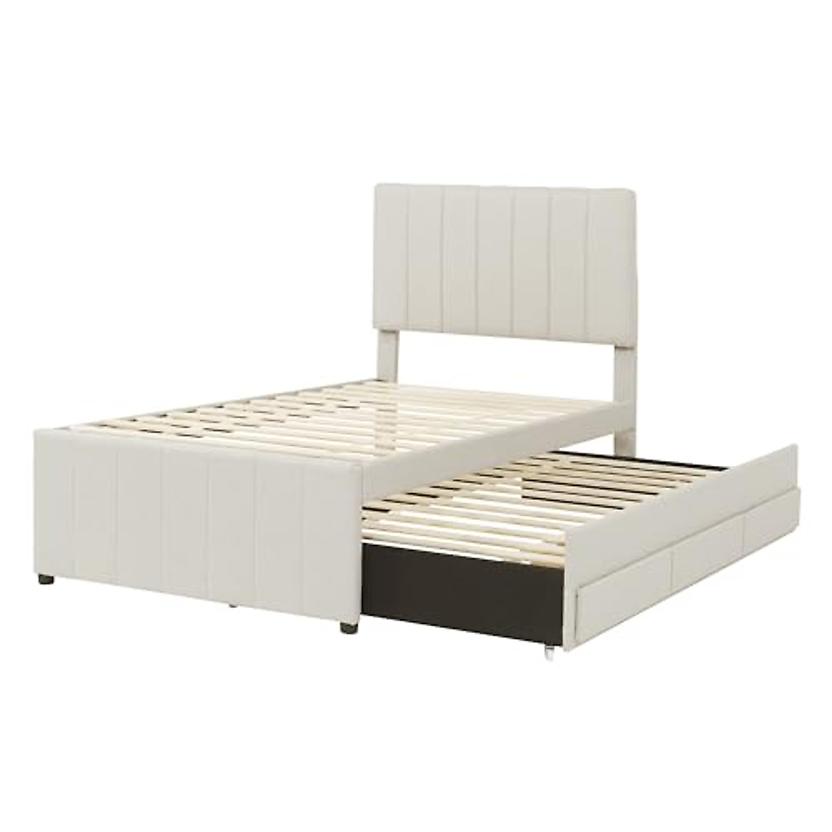 SIYSNKSI Twin Size Upholstered Platform Bed with Trundle and 3 Drawers, Linen Fabric Platform Bed with Headboard and Wooden Slat Support for Kids Boys Girls Teens Bedroom (Beige + Linen-A32)
