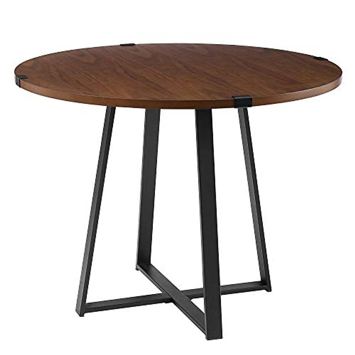 Walker Edison 4 Person Round Industrial Modern Wood Small Dining Table Dining Room Kitchen Table Set Dining Chairs Set, 40 Inch, Dark Walnut and Black