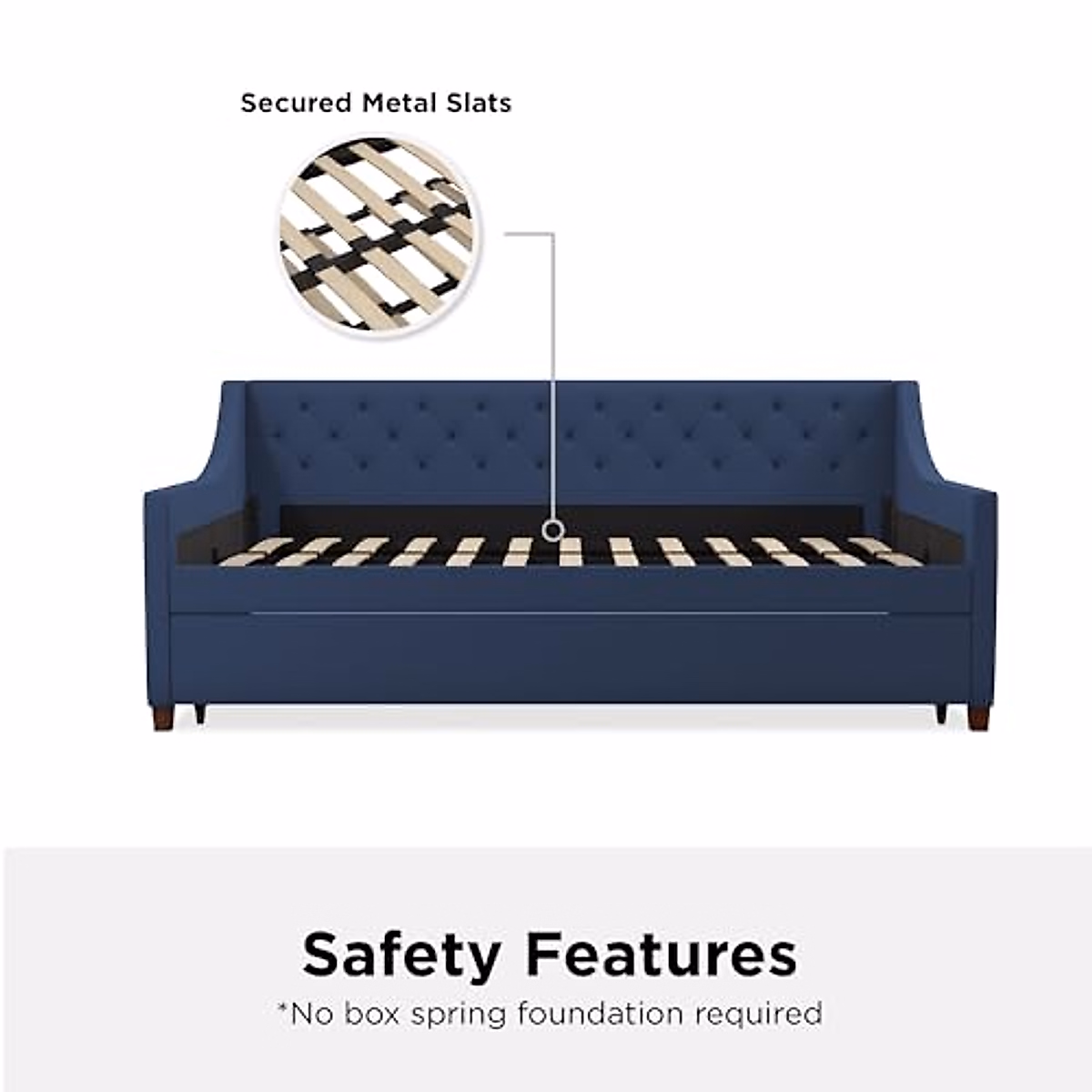 Novogratz Her Majesty Upholstered Daybed with Trundle, Twin Size Frame, Blue Linen