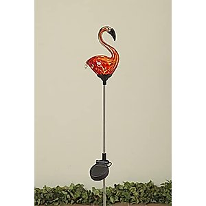 Hand Blown Glass Flamingo Solar Lighted Yard Stake, Solar Garden Torch 31 Inches High with Lighted Glass Body and Automatic Night Lighting