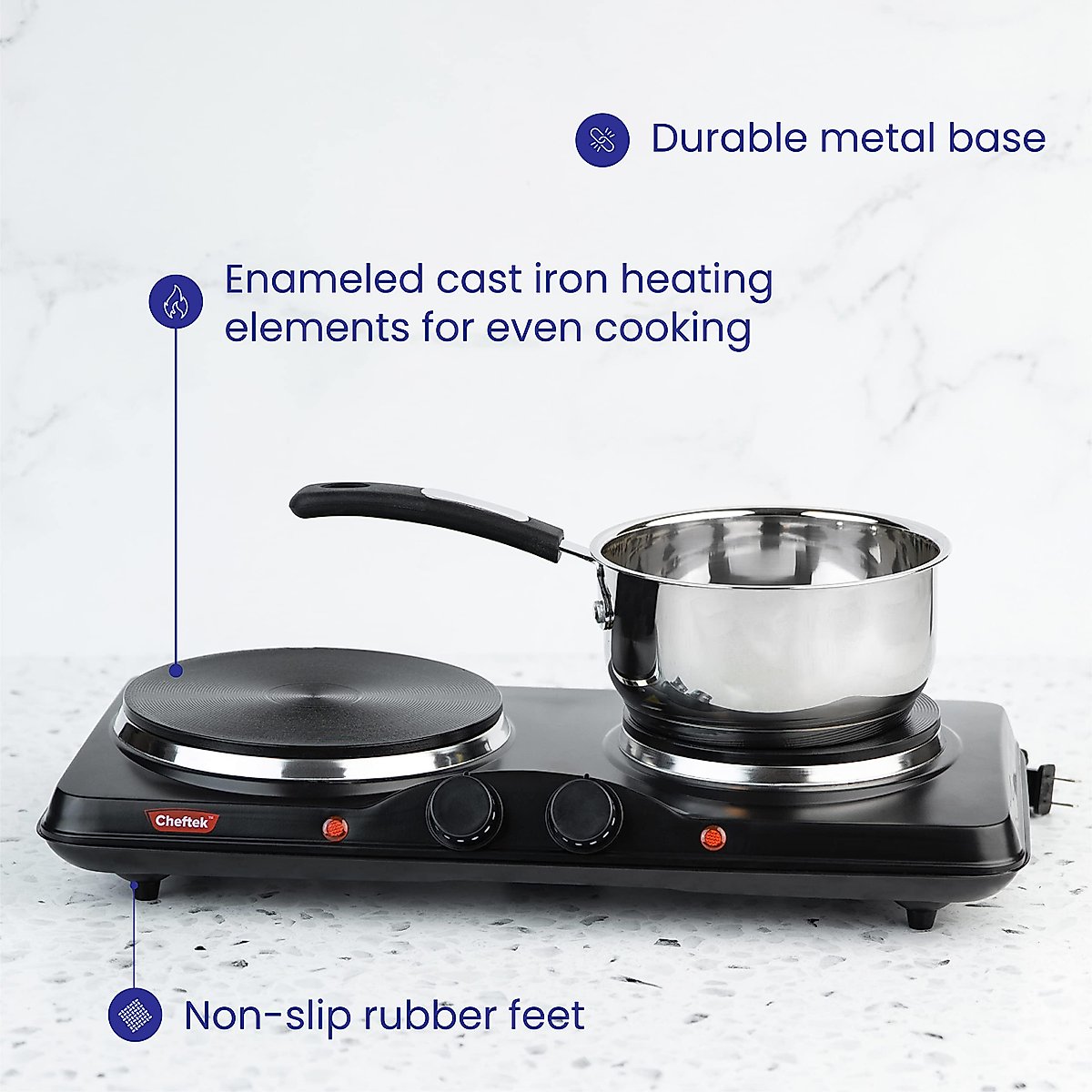 Cheftek Electric Double Burner Hot Plate - With Powerful 1700W, Adjustable Temperature Control, Portable Cooktop Compatible With All Cookware, Enamel-Coated, Non-Slip Feet, Countertop Burner