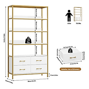 HITHOS 5 Tier Bookshelf with Drawers, 71" Tall Bookcase with Shelves, 35.4" Wide Free Standing Book Storage Shelf, Modern Wood Display Cabinet for Living Room, Study, Home Office, White Gold