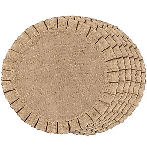 FunWheat Burlap Round Braided Placemats Set of 6 for Dining Tables 15 Inch Heat Resistant Jute Table Mats Farmhouse Woven Fabric Natural Place mats for Spring Easter Decorations(Ruffled Lace)