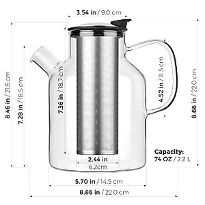 Tealyra - Large Glass Stove-top Kettle 74-ounce - Teapot - Heat Resistant Borosilicate - Pitcher - Carafe - For Tea Juice Water - Hot or Iced - 2200ml
