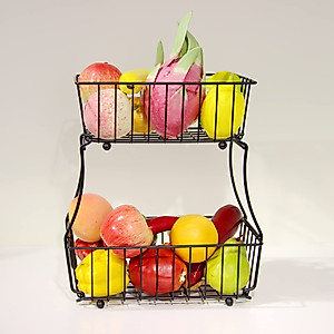 VANLAMNI 2 Tier Wire Fruit Storage Basket for Kitchen Countertop, Bread Vegetable Snack Fruit Storage Basket, Black