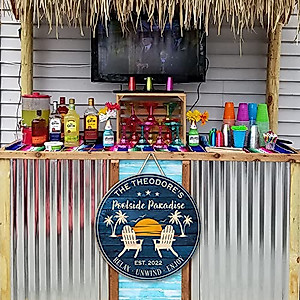 MUCHNEE Personalized Funny Swimming Pool Zone Printed Sign for Backyard Paradise Patio Oasis Waterfront - Relax Unwind Enjoy Round Wood Plaque Indoor Decorations - Gift for Birthday Housewarming