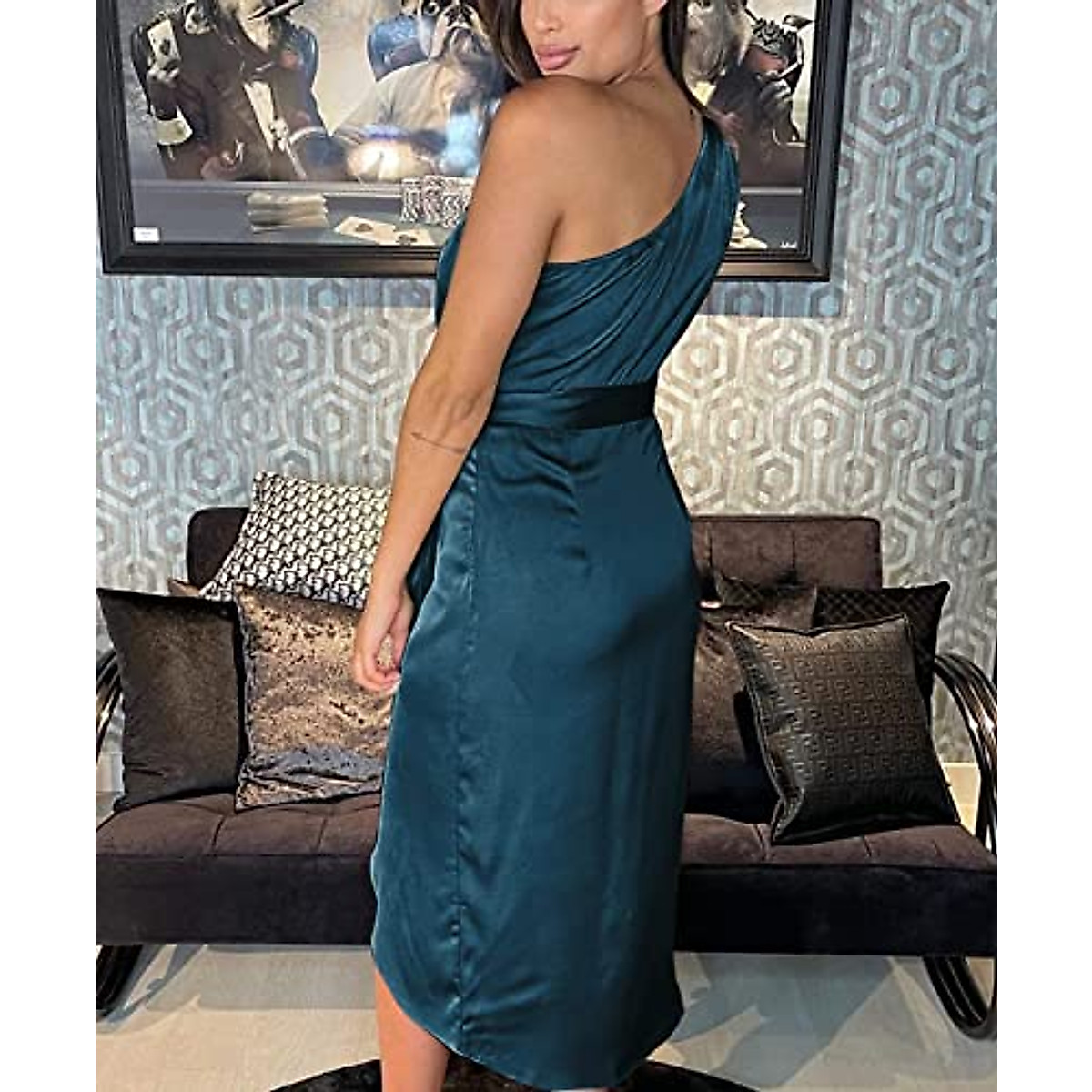 PRETTYGARDEN Women's 2023 Summer Ruched Bodycon Dress Sleeveless One Shoulder Wrap Satin Belted Cocktail Midi Dress(Dark Blue,X-Large)