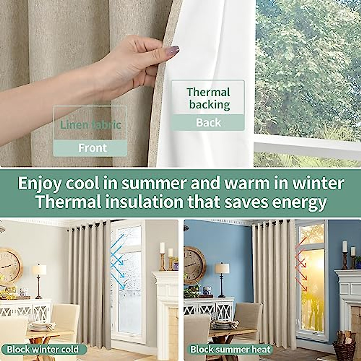 QUEMAS 100% Blackout Curtains for Bedroom Linen Look with White Backing, Grommet Total Light Blocking Thermal Insulated Boho Window Curtains for Living Room Noise Cancelling (52 x 72 Inch, Linen)