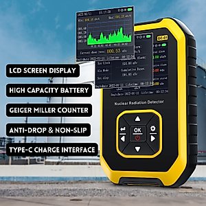 Bundle of 1 Geiger Counter Nuclear Radiation Detector-FNIRSI Radiation Dosimeter with LCD Display, Portable Handheld Beta Gamma X-ray Rechargeable and Safecastle Multipurpose Toolkit Card