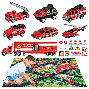 OENUX Diecast Fire Truck Emergency Rescue Vehicle Toy Set with Play Mat, Carrier Truck,Fire Helicopter, Ambulance, Ladder Truck, Alloy Metal Fire Fighting Car Play Set for Toddlers Kids Boys Girls