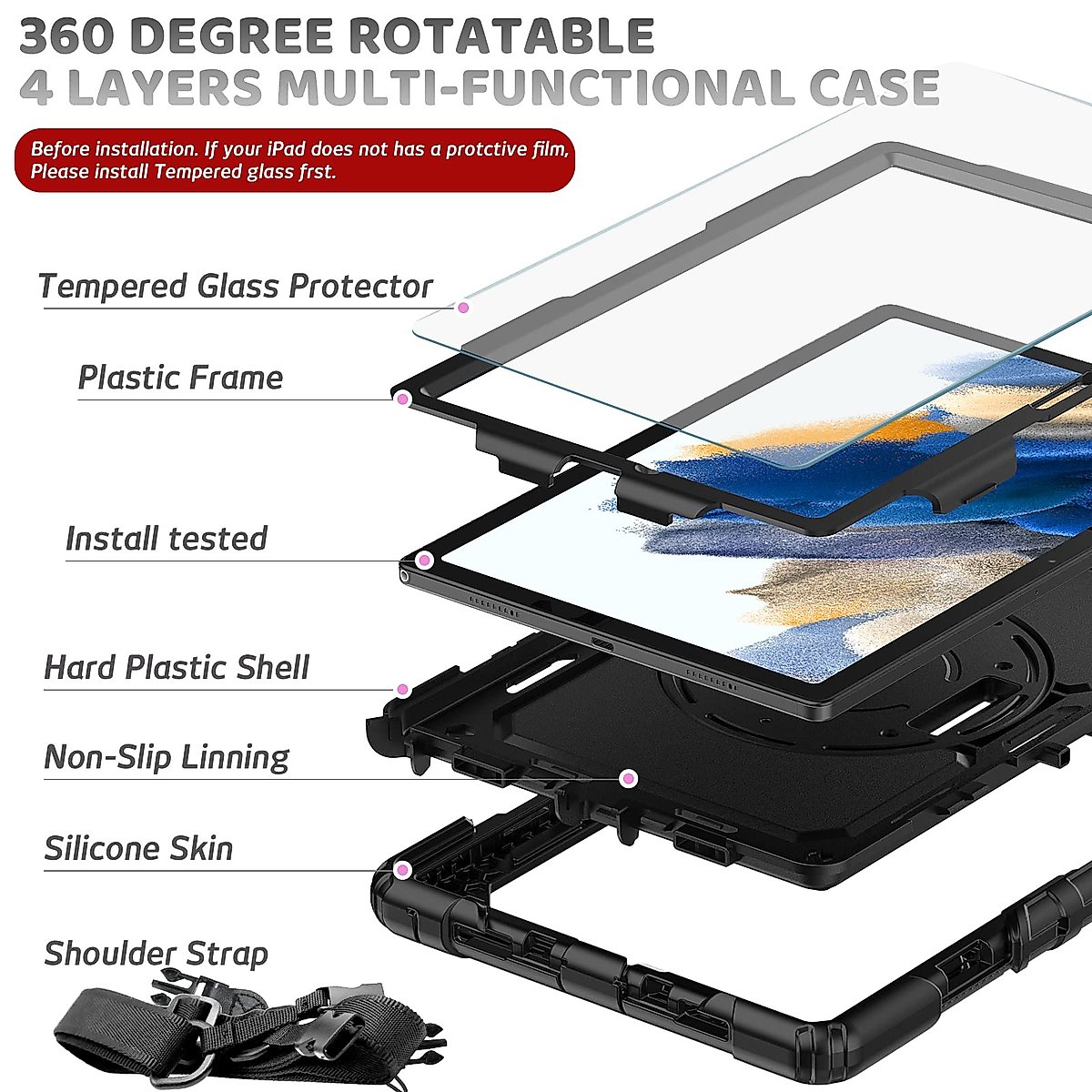 BLOSOMEET Case for Samsung Galaxy Tab A8 10.5 Inch 2022 SM-X200/X205/X207 with [Tempered Glass Screen Protector],Case for Galaxy Tab A8 w/S Pen Holder Stand Hand Strap &Shoulder Strap,Black