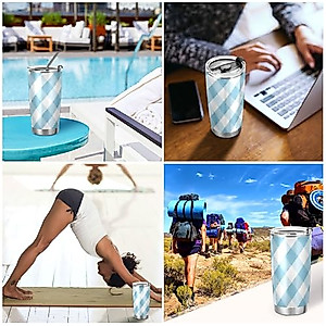 Amooorous Blue and White Twill Stainless Steel cups with lids reusable with Straw Lid insulated coffee mug with lid for hot and cold drinks simply insulated tumbler botellas para agua termica 20oz