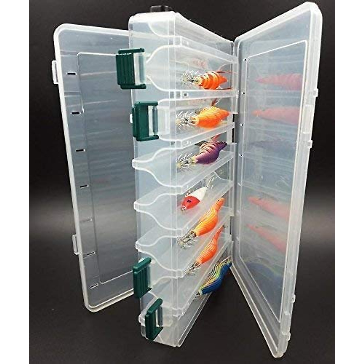 LESOVI Double Sided Fishing Tackle Box 14 Compartments Visible Hard Plastic Clear Fishing Lure Bait Squid Jig Minnows Hooks Accessory Storage Case Container