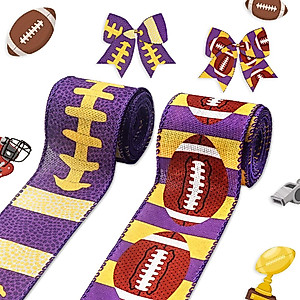 Threetols 2 Rolls 10 Yards Football Wired Edge Ribbons, 2.5inch Purple Yellow Stripe Burlap Ribbons, Fall Brown Sport Ribbon for Super Football Bowl DIY Craft Fall Wreath Bow Decor