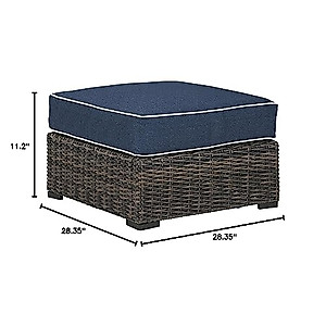 Signature Design by Ashley Grasson Lane Outdoor Patio Upholstered Ottoman with Wicker Base, Blue