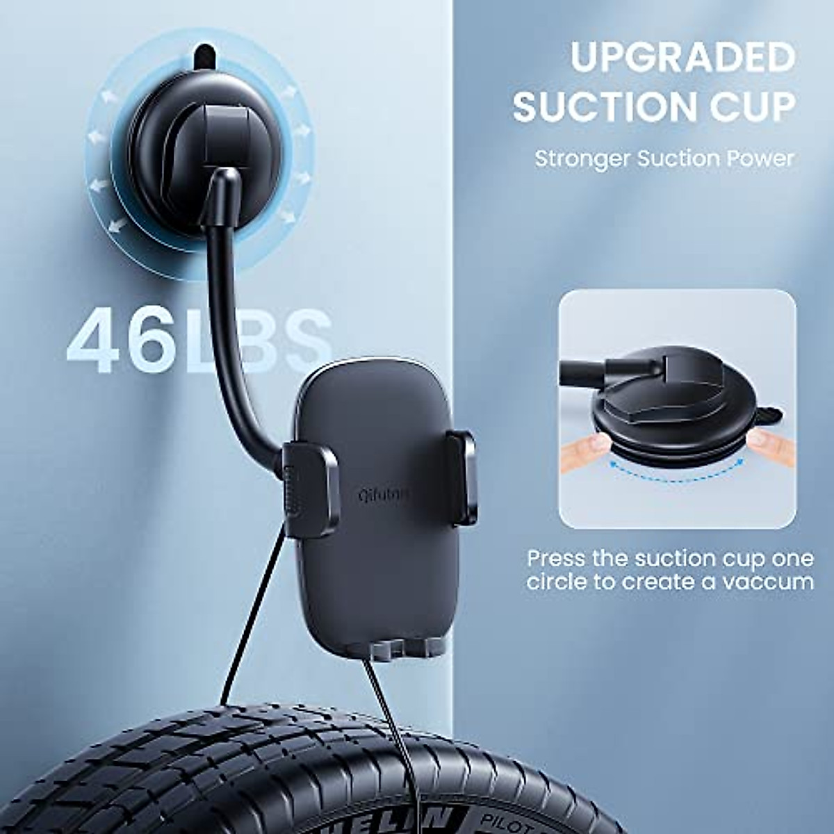 Qifutan Cell Phone Holder for Car Phone Mount Long Arm Dashboard Windshield Car Phone Holder Strong Suction Anti-Shake Stabilizer Phone Car Holder Compatible with All Phone Android Smartphone