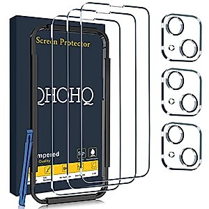 QHOHQ 3 Pack Screen Protector for iPhone 14 / iPhone 13 [6.1 Inch] with 3 Pack Tempered Glass Camera Lens Protector, Ultra HD, 9H Hardness,Case Friendly