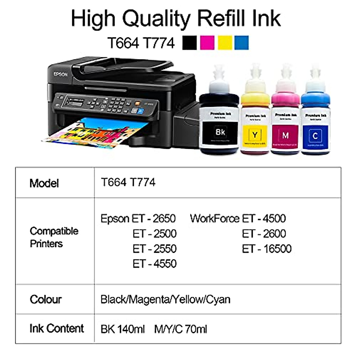 Printers Jack Refill Ink Bottle for Epson T774 T664 Compatible EcoTank Ink Bottle for Epson Expression ET-2650 ET-2550 ET-2600 ET-2500 ET-3600 Workforce ET-4500 ET-4550 ET-16500[Upgraded]