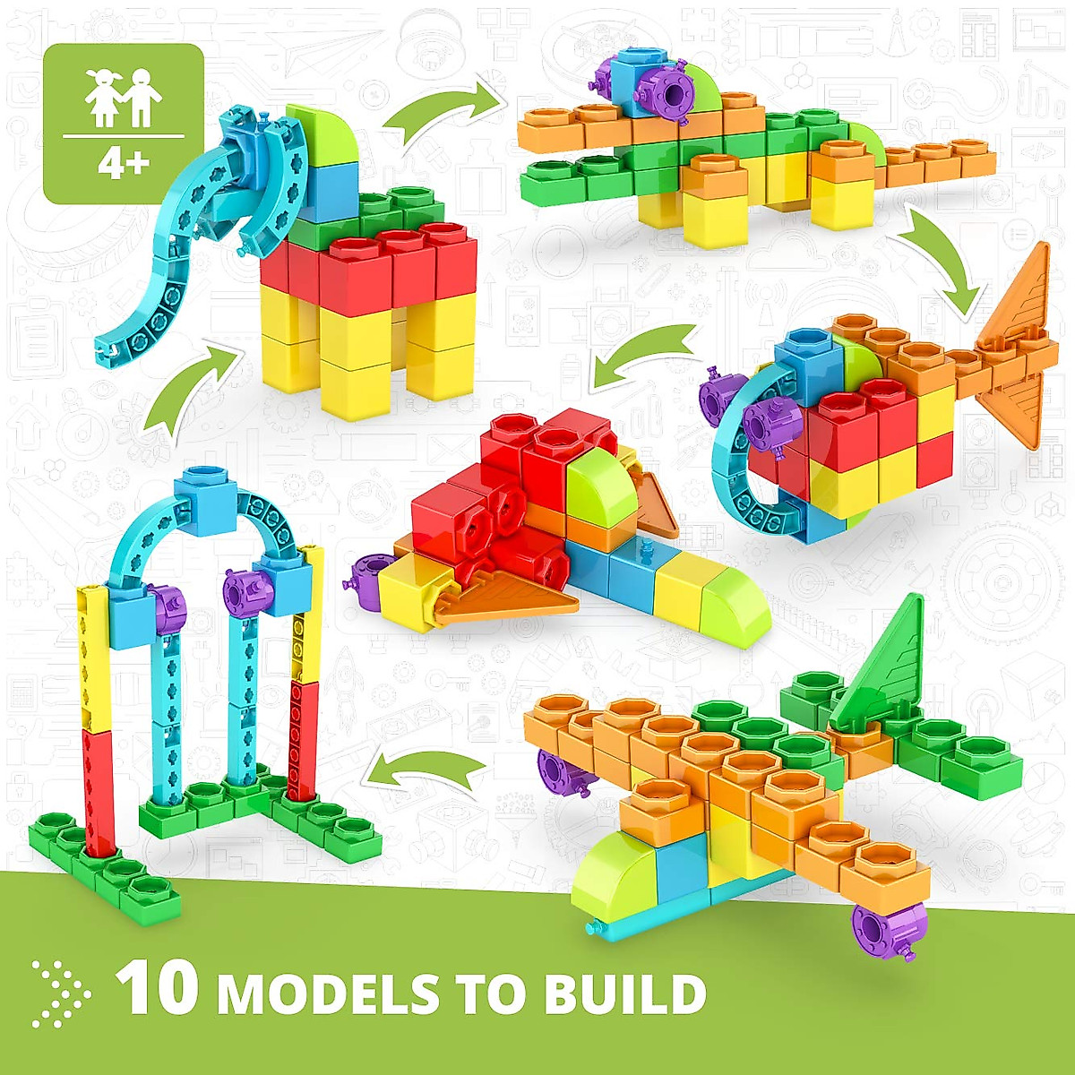 Engino Toys Creative Engineering STEAM Maker Junior 10-Model Set, Color and Number Learning, Stackable Building Blocks, Hand-Eye Coordination, Elephant, Giraffe, Spaceship, Home Learning, for Ages 4+