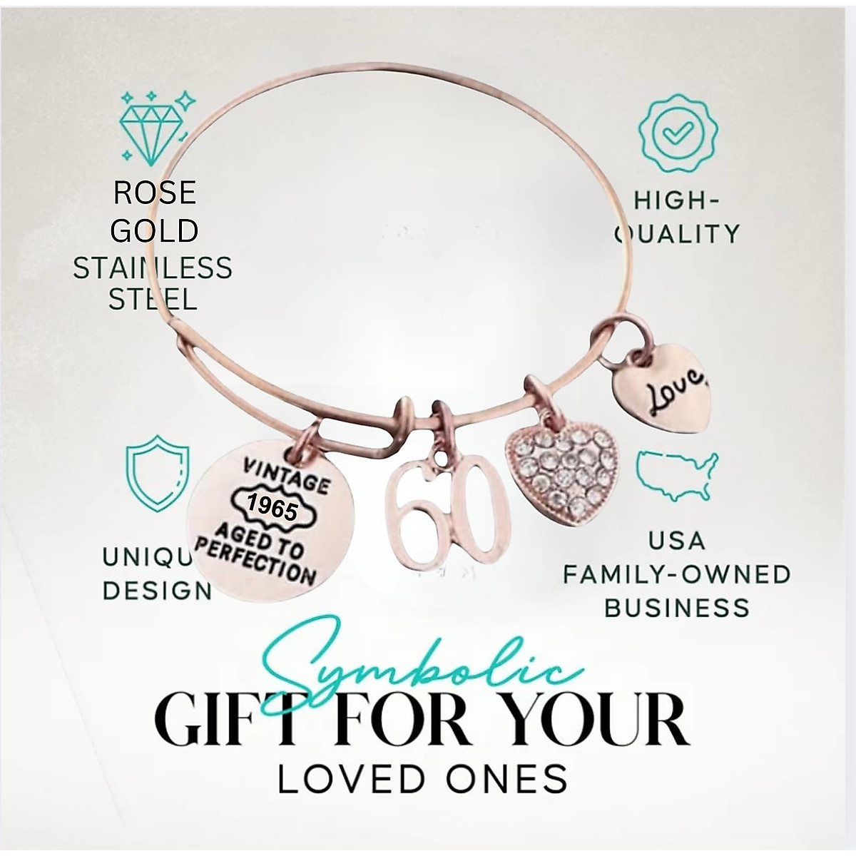 Infinity Collection 60th Birthday Gifts for Women, Rose Gold 60th Birthday 1965 Aged to Perfection Charm Bracelet, 60th Birthday Gift Ideas
