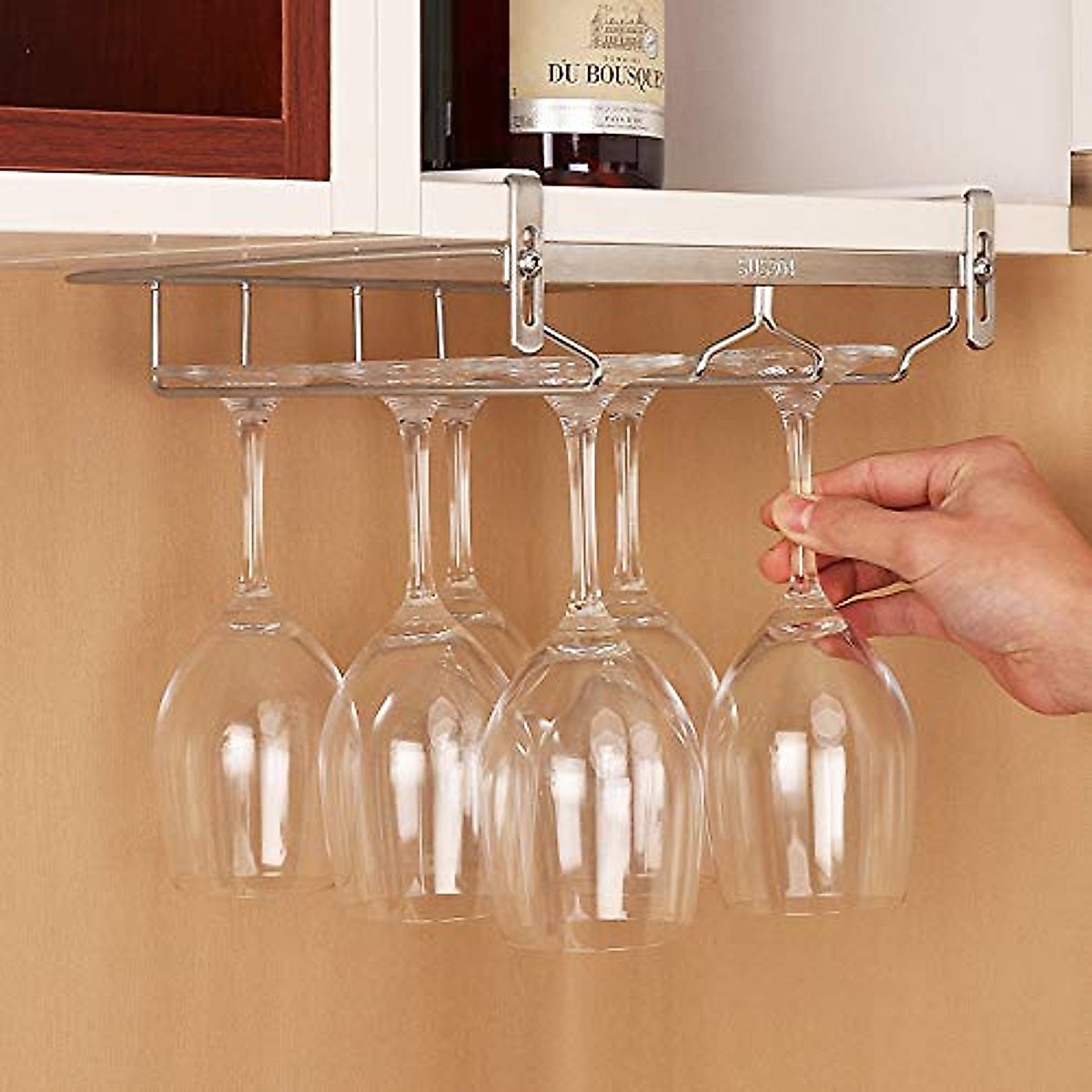 Wine Glass Rack, Stemware Glass Rack Under Cabinet Hold up to 8 Wine Glasses / 3 Rails Stemware Rack, Adjustable Stainless Steel Glasses Holder Storage Hanger for Kitchen, Bar (Silver)