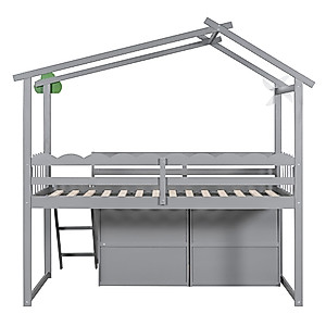CITYLIGHT Twin Size House Loft Bed with Storage Cabinet and 3 Drawers, Wood Loft Bed Twin with Roof, Blackboards and Guardrail, Kids Playhouse Bed Twin for Teens, Boys, Girls, Grey