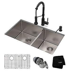 KRAUS 33-inch 16 Gauge Double Bowl 60/40 Standart PRO Kitchen Sink Combo Set with Matte Black Bolden 18-inch Kitchen Faucet and Soap Dispenser, KHU103-33-1610-53MB