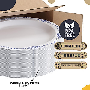 Exquisite Victorian Plastic Plates 60 Piece Plastic Disposable Plates for Party Set For 60 Guests 60 x 10 inch Plastic Dessert Plates Plastic Plates Disposable Heavy Duty White & Navy