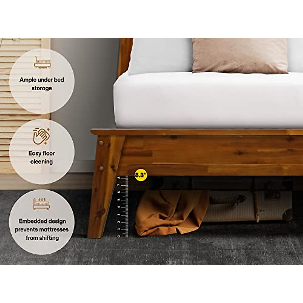 Acacia Kaylin Bed Frame with Headboard Solid Wood Platform Bed, Scandinavian Signature 45 inch High Headboard Wood Bed Compatible with All Mattress Types, 30 Mins Assembly, Twin Bed Frame, Caramel
