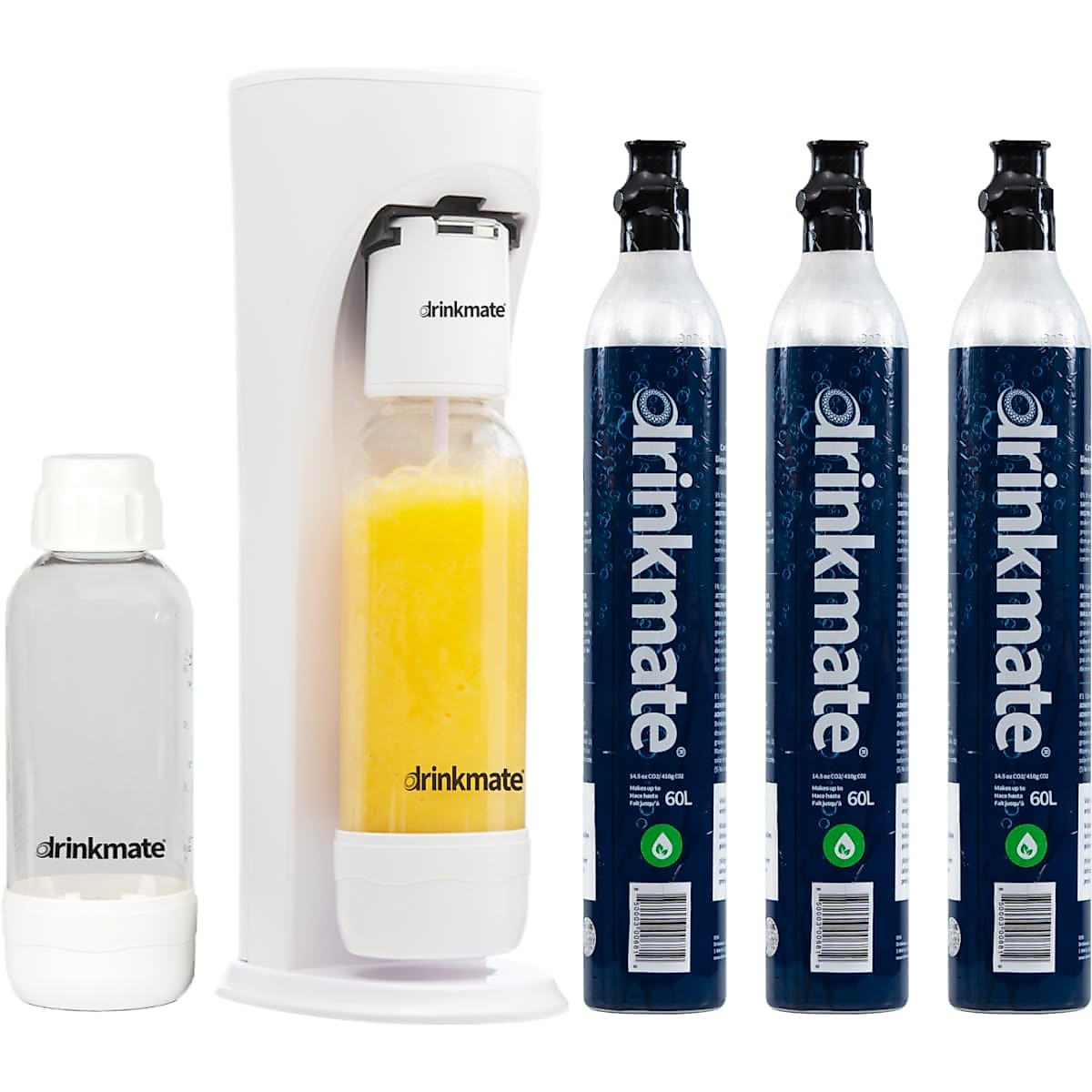 Drinkmate OmniFizz Sparkling Water and Soda Maker, Carbonates Any Drink, ULTIMATE BUNDLE - Includes three 60L CO2 Cylinders, Two Carbonation Bottles, and Fizz Infuser (Classic White)