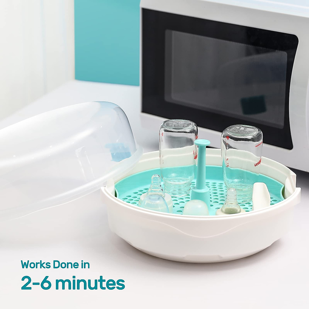 Nuliie Microwave Steam Box, Working 6 Bottles in 2 mins, Bottle Microwave Steam Box for Babies with a Clamp, Green