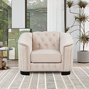 kevinplus Accent Armchair Velvet Upholstered Chesterfield Sofa Couch Single Sofa Chair, Modern Tufed Couch with Thick Removable Seat Cushion for Living Room Bedroom Small Space, Wooden Legs, Beige