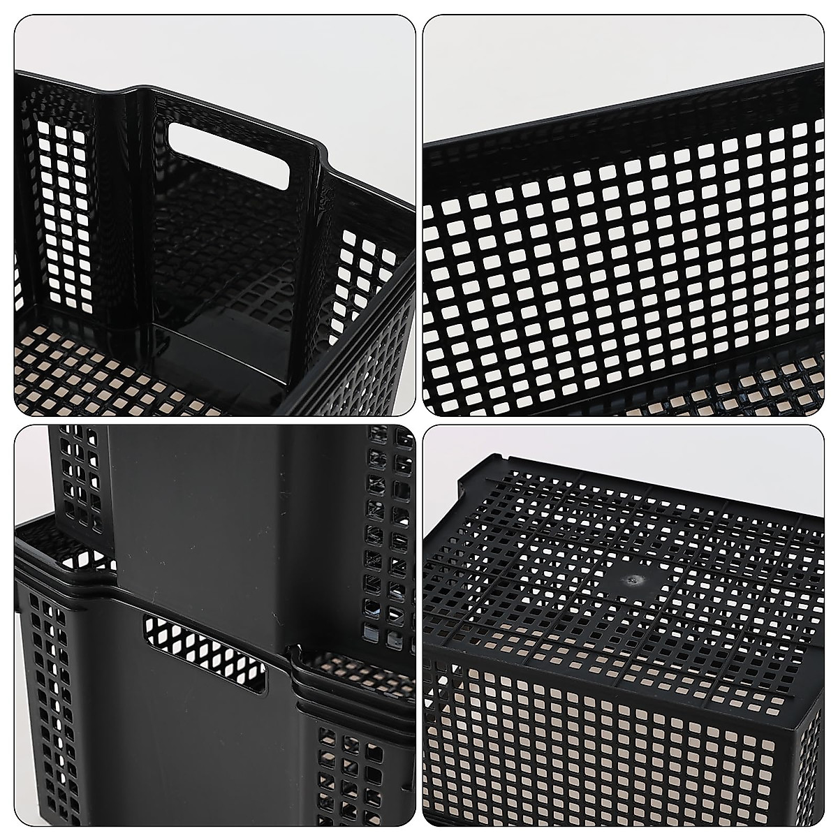 Eagrye Set of 12 Black Plastic Storage Basket for Pantry Organizing, Plastic Stackable Storage Basket for Shelf