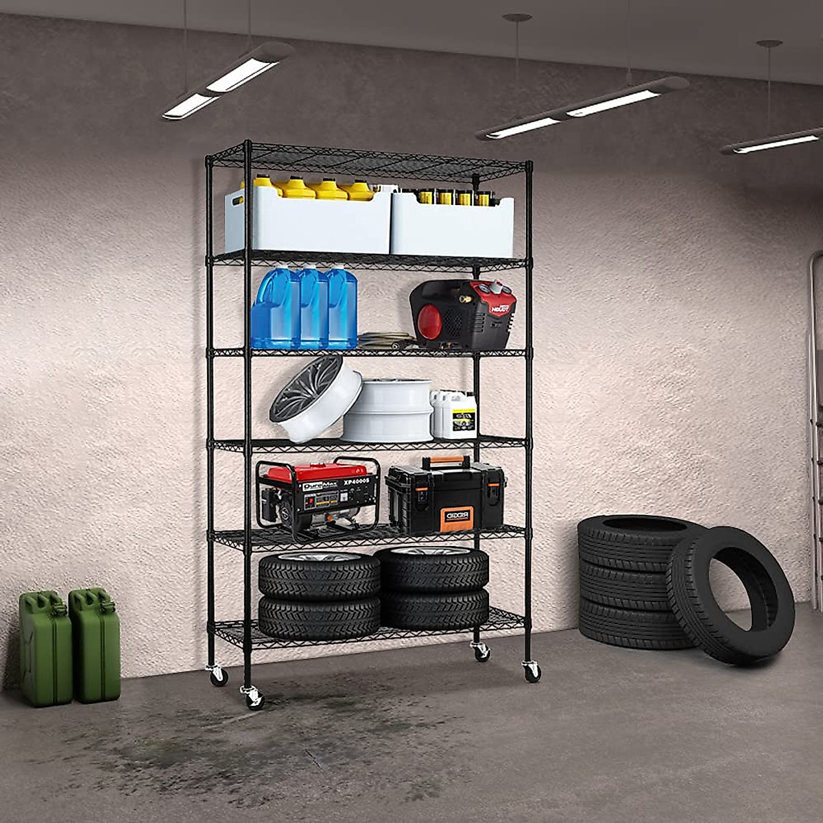 FLL 6 Tier Metal Wire Shelving Unit Garage Shelving Wire Shelving for Garage Kitchen,NSF Certification Metal Storage Shelf Rack Shelf Heavy Duty Shelves Height Adjustable with Wheels,48×18×82,Black