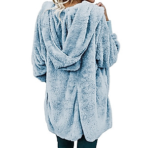 Dokotoo Blue Medium Soft Fleece Hooded Cardigan Coat for Women