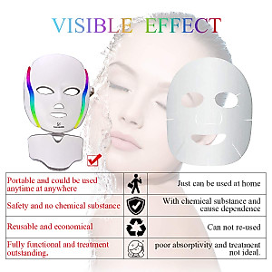 FAZJEUNE 7 Color LED Mask, Facial Mask LED 7 Color Face Skin Care Mask Portable SPA Facial LED Mask with Neck, White