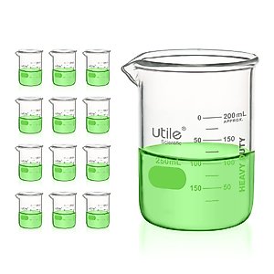 Utile 12pcs of Heavy Duty Glass Beakers, Vol.250m(8.5oz), Borosilicate 3.3 Glass with Double Scaled Printed Graduation, 4046.0250.12