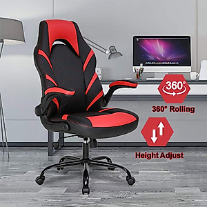 Gaming Chair Home Office Chair PC Computer Chair Rolling Swivel Desk Chair with Lumbar Support High-Back PU Leather Flip-up Arms E-Sport Racing Chair for Men(Red)
