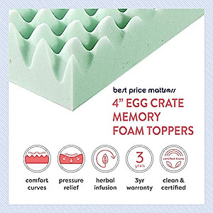 Best Price Mattress 4 Inch Egg Crate Memory Foam Mattress Topper with Calming Aloe Infusion, CertiPUR-US Certified, Full, Green
